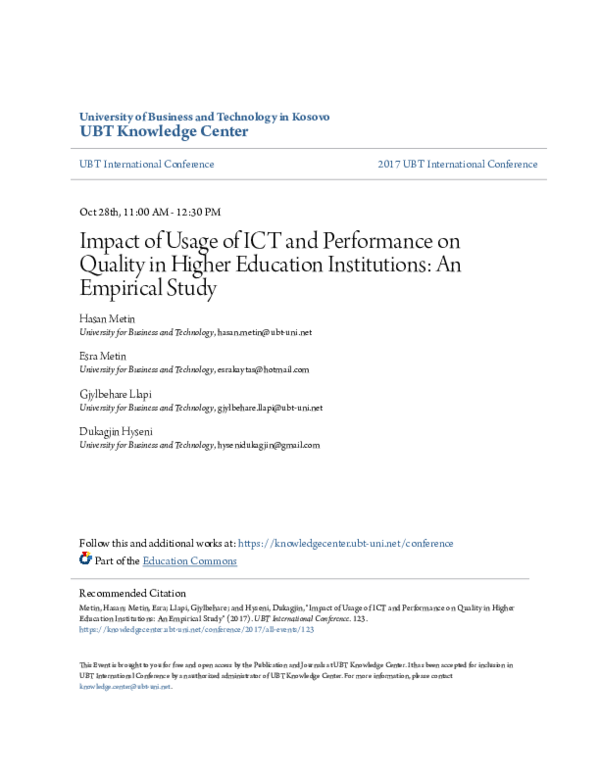 (PDF) Impact of Usage of ICT and Performance on Quality in Higher ...