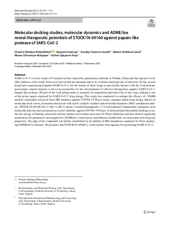 (PDF) Molecular docking studies, molecular dynamics and ADME/tox reveal therapeutic potentials ...