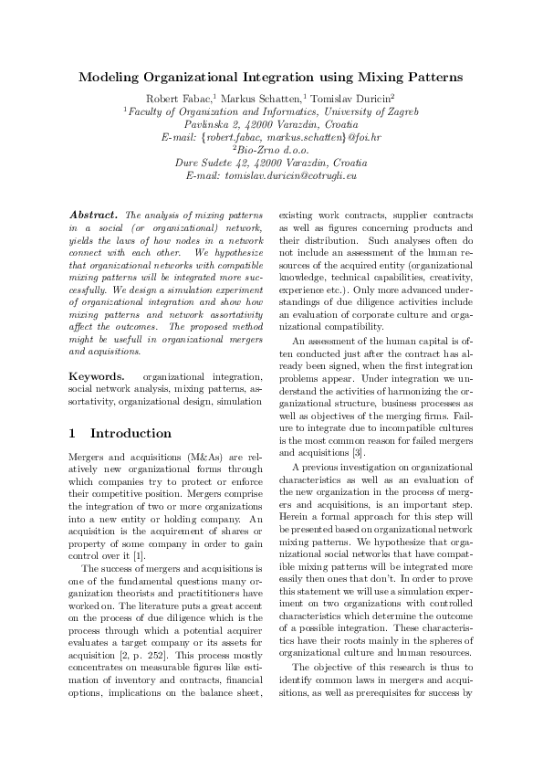 (PDF) Modeling organizational integration using mixing patterns