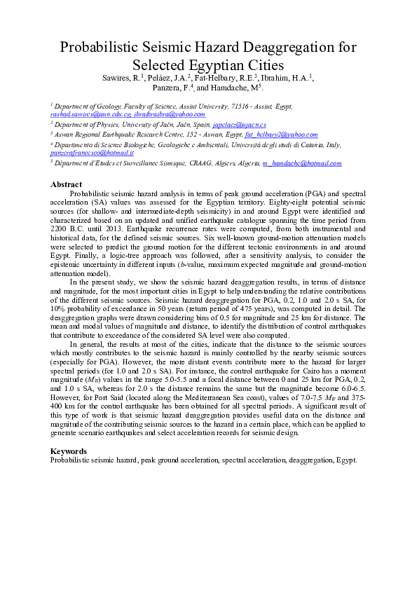 (PDF) Probabilistic Seismic Hazard Deaggregation for Selected Egyptian ... (PDF) Probabilistic Seismic Hazard Deaggregation for Selected Egyptian ...