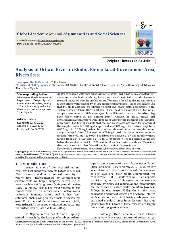 (PDF) Analysis of Ochani River in Ebubu, Eleme Local Government Area ...