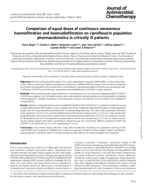 (PDF) Comparison of equal doses of continuous venovenous haemofiltration and haemodiafiltration ...