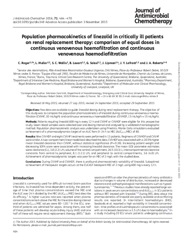 (PDF) Population pharmacokinetics of linezolid in critically ill patients on renal replacement ...