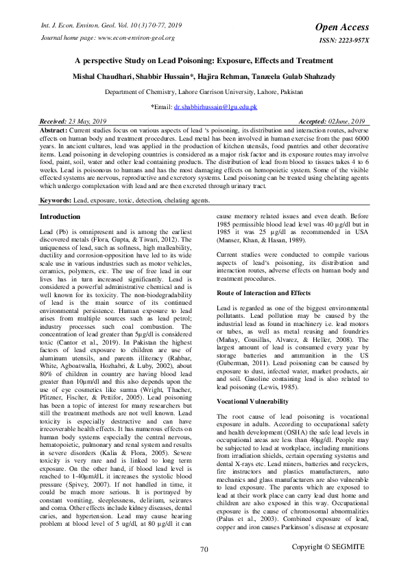 (PDF) A perspective Study on Lead Poisoning: Exposure, Effects and ...