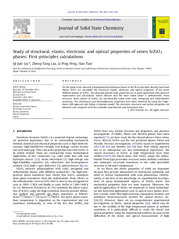 (PDF) Study of structural, elastic, electronic and optical properties of seven SrZrO3 phases ...