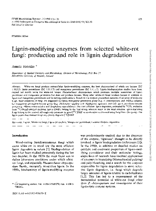 (PDF) Lignin-modifying enzymes from selected white-rot fungi ...