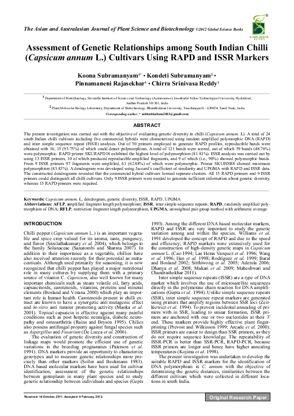 (PDF) Assessment of Genetic Relationships among South Indian Chilli (Capsicum annum L ...
