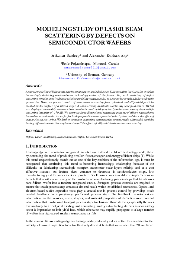 (PDF) Modeling Study of Laser Beam Scattering by Defects on Semiconductor Wafers