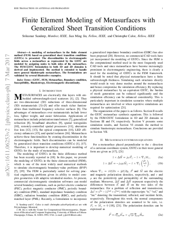 Pdf Finite Element Modeling Of Metasurfaces With Generalized Sheet