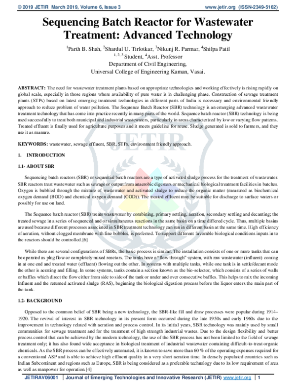 (PDF) Sequencing Batch Reactor for Wastewater Treatment: Advanced Technology