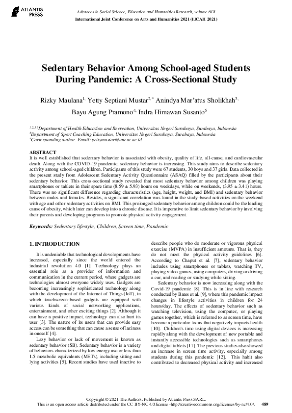 (PDF) Sedentary Behavior Among School-aged Students During Pandemic: A Cross-Sectional Study ...