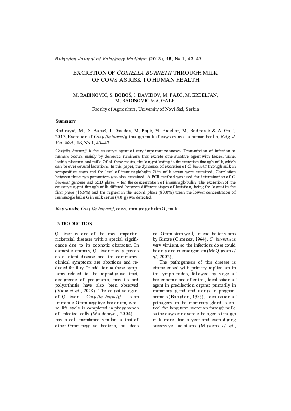 (PDF) Excretion of Coxiella burnetii through milk of cows as risk to ...