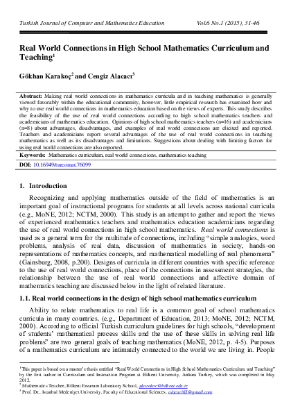 (PDF) Real World Connections in High School Mathematics Curriculum and ...