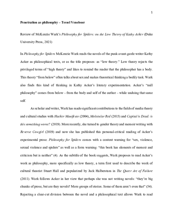 (PDF) Penetration as philosophy (Review of McKenzie Wark's Philosophy for Spiders: on the Low ...