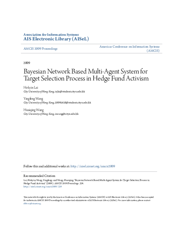 (PDF) Bayesian Network Based Multi-Agent System for Target Selection Process in Hedge Fund Activism