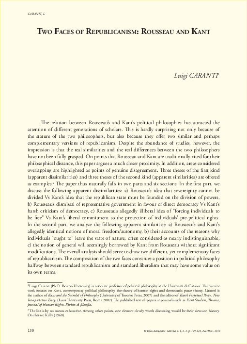 (PDF) Two Faces of Republicanism: Rousseau and Kant