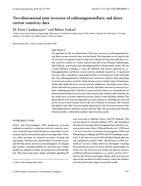 (PDF) Two-dimensional joint inversion of radiomagnetotelluric and direct current resistivity data