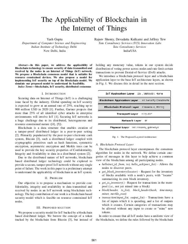 (PDF) The applicability of blockchain in the Internet of Things