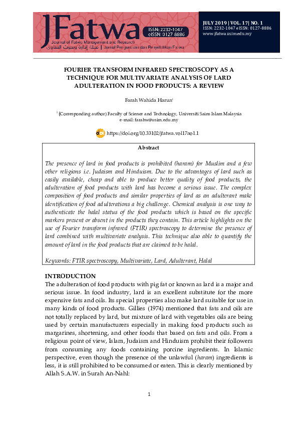 Pdf Fourier Transform Infrared Spectroscopy As A Technique For Multivariate Analysis Of Lard