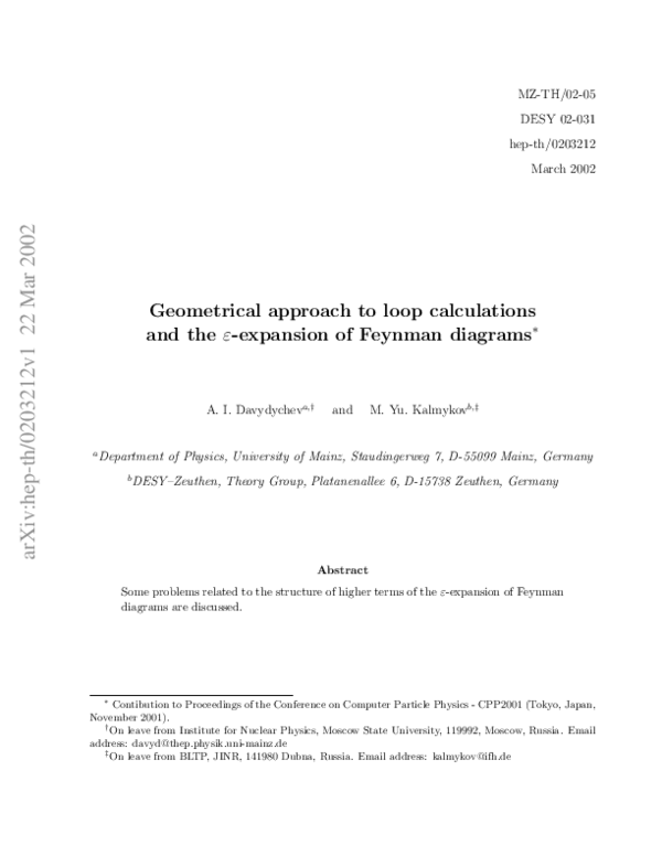 (PDF) Geometrical approach to loop calculations and the epsilon-expansion of Feynman diagrams ...