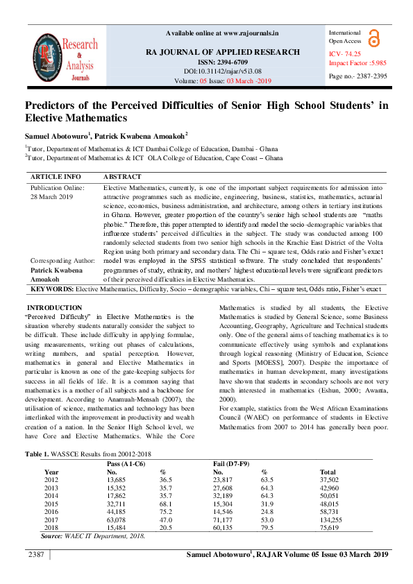 (PDF) Predictors of the Perceived Difficulties of Senior High School ...