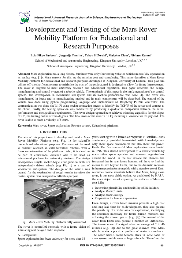 (PDF) Development and Testing of the Mars Rover Mobility Platform for ...