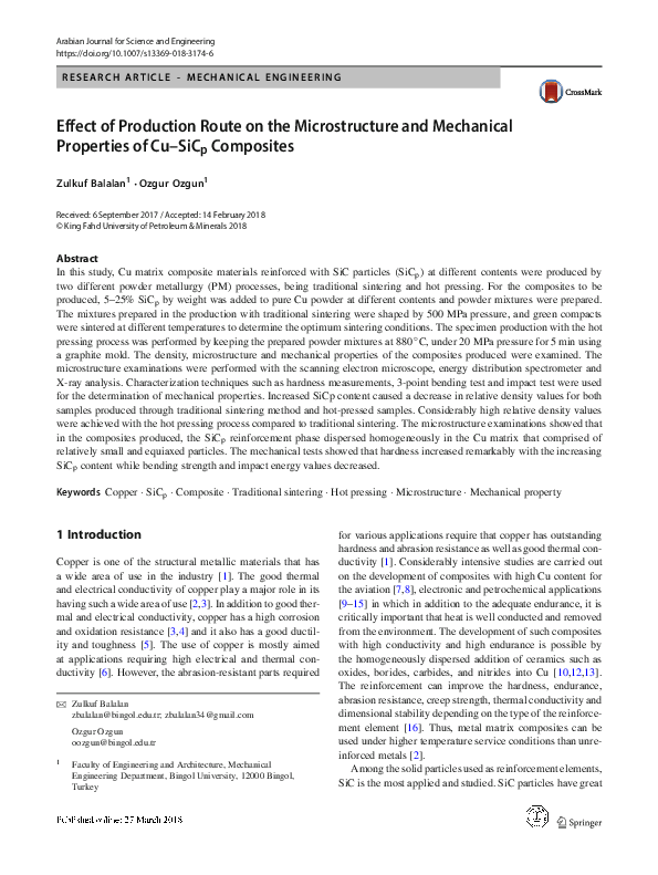 (PDF) Effect of Production Route on the Microstructure and Mechanical Properties of Cu–SiC ...