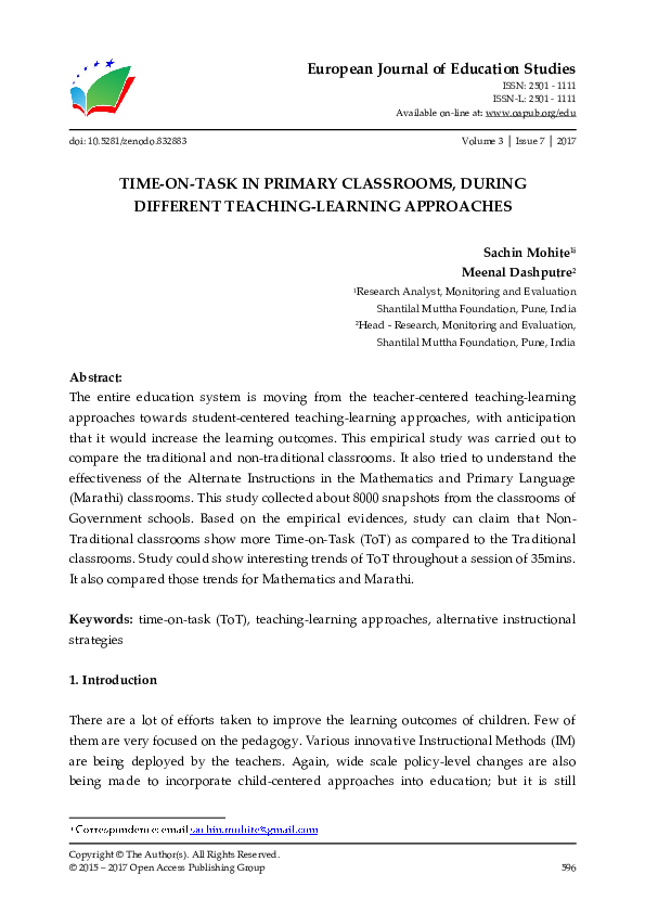 (PDF) Time-On-Task In Primary Classrooms, During Different Teaching ...