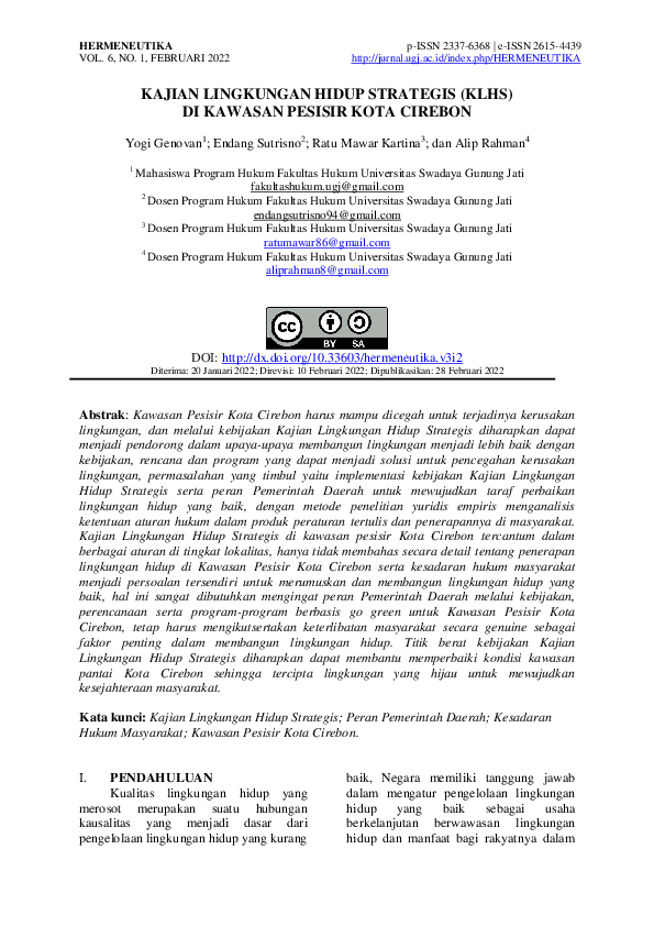 (PDF) Kajian Lingkungan Hidup Strategis (KLHS) DI Kawasan Pesisir Kota Cirebon