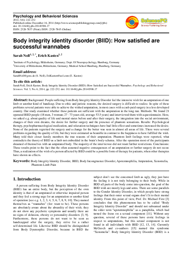 (PDF) Body Integrity Identity Disorder (BIID): How Satisfied are ...