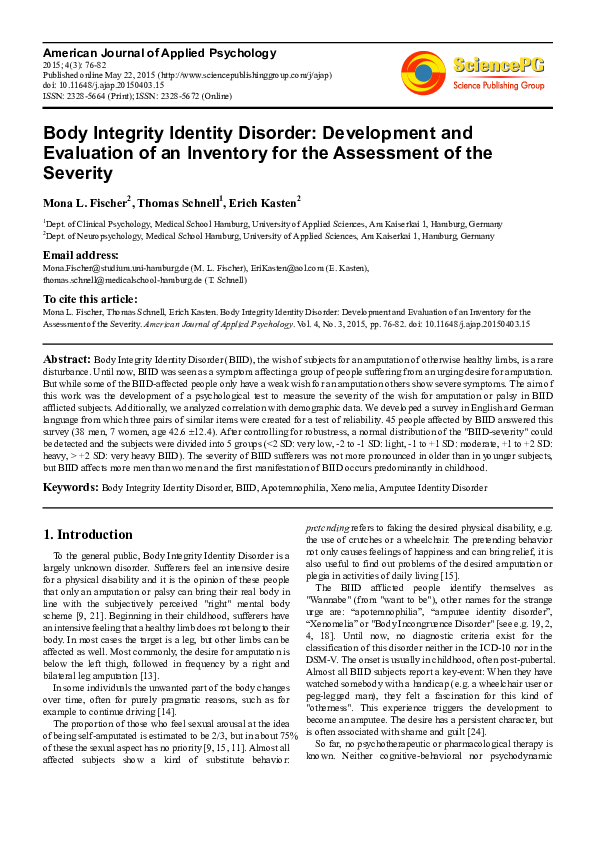 (PDF) Body Integrity Identity Disorder: Development and Evaluation of ...