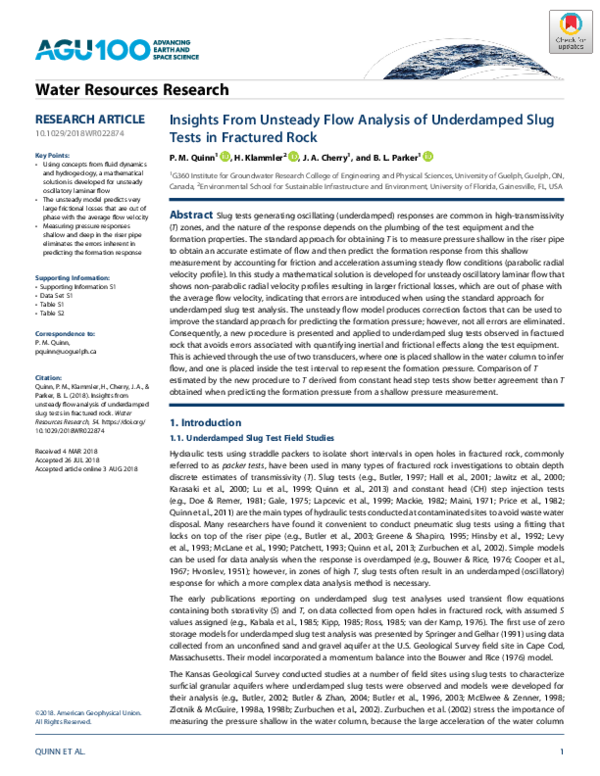 (PDF) Insights From Unsteady Flow Analysis of Underdamped Slug Tests in ...