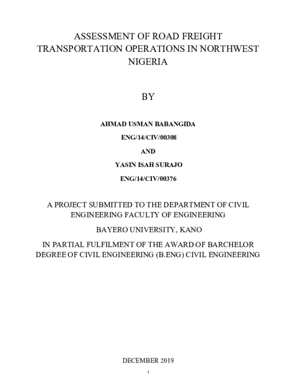 Doc Assessment Of Road Freight Transport Operations In Northwest Nigeria