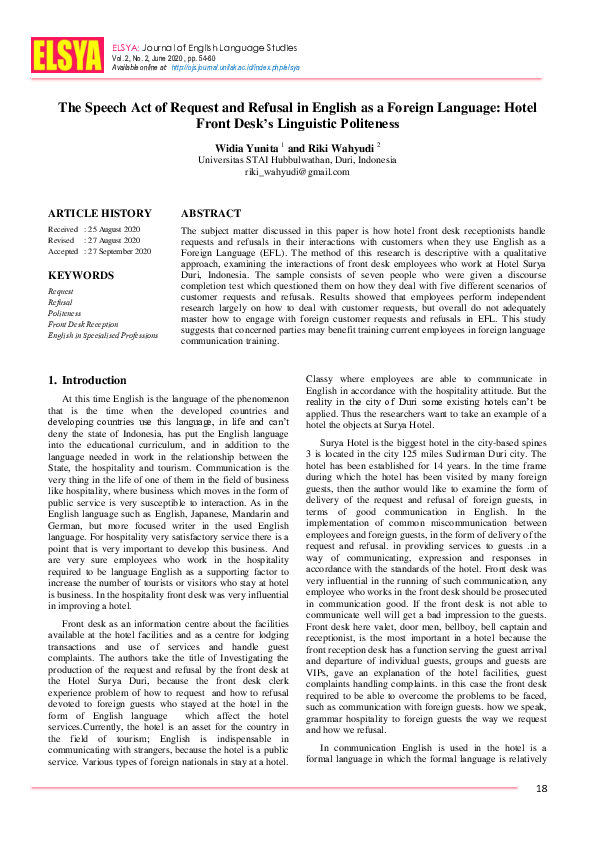 (PDF) The Speech Act of Request and Refusal in English as a Foreign ...