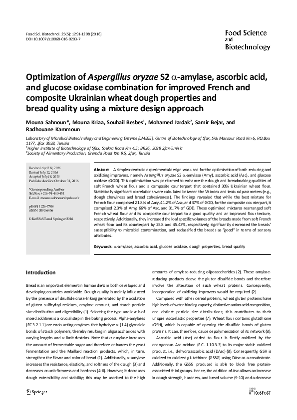 (PDF) Optimization of Aspergillus oryzae S2 α-amylase, ascorbic acid, and glucose oxidase ...