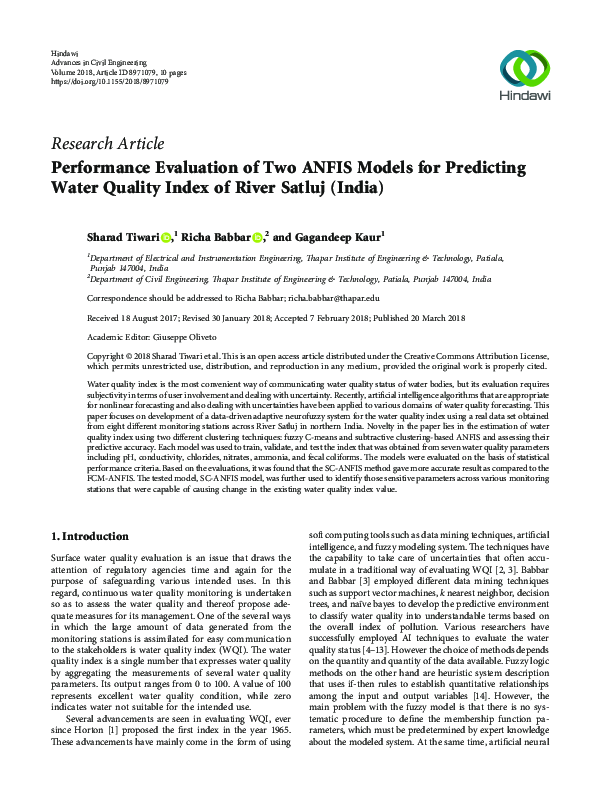 (PDF) Performance Evaluation of Two ANFIS Models for Predicting Water Quality Index of River ...