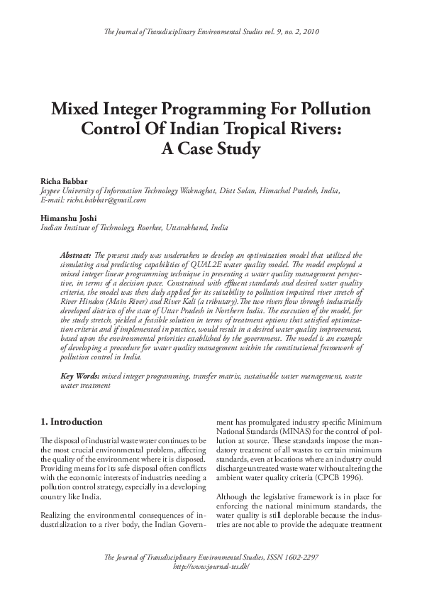 Pdf Mixed Integer Programming For Pollution Control Of Indian