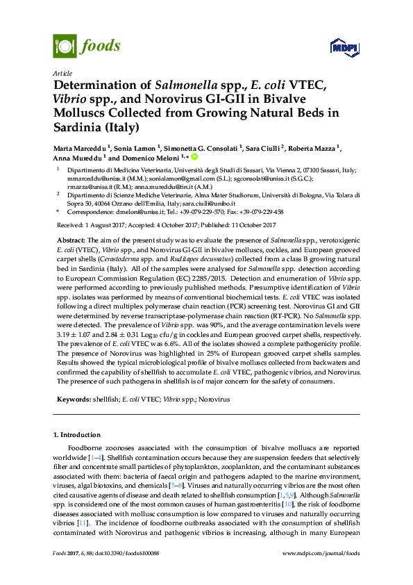 Pdf Determination Of Salmonella Spp E Coli Vtec Vibrio Spp And