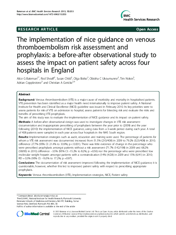 (PDF) The implementation of nice guidance on venous thromboembolism risk assessment and ...