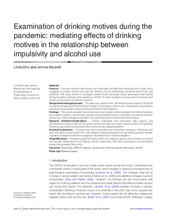 (PDF) Examination of drinking motives during the pandemic: mediating ...