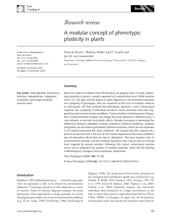 (PDF) A modular concept of phenotypic plasticity in plants | Heidrun Huber - Academia.edu
