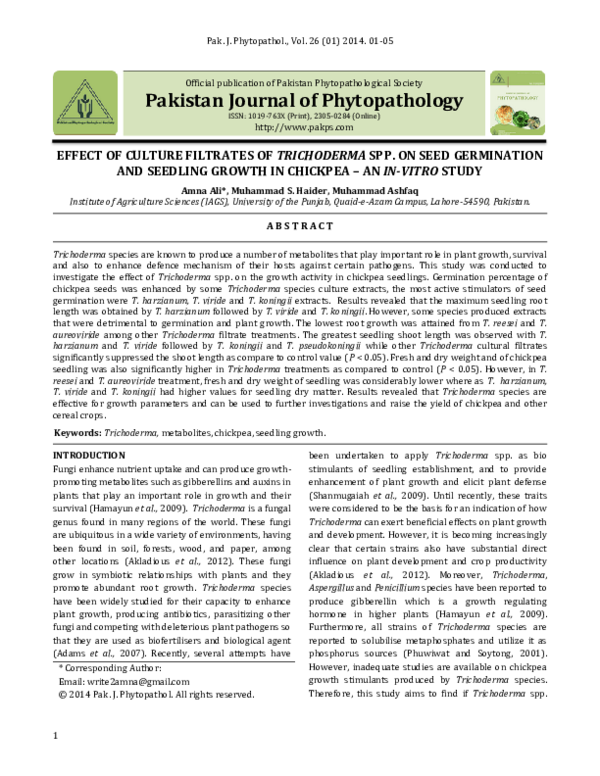 Pdf Influence Of Trichoderma Filtrates On Chickpea Growth And Germination