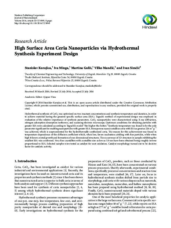 (PDF) High Surface Area Ceria Nanoparticles via Hydrothermal Synthesis ...