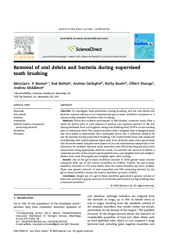 (PDF) Removal of oral debris and bacteria during supervised tooth brushing