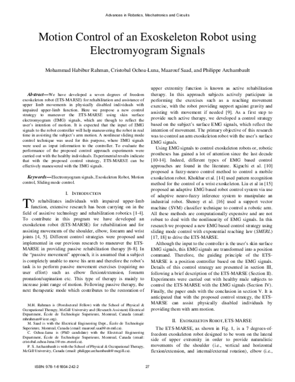 (PDF) Motion Control of an Exoskeleton Robot using Electromyogram Signals