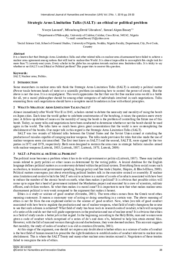 (PDF) Strategic Arms Limitation Talks (SALT): an ethical or political ...