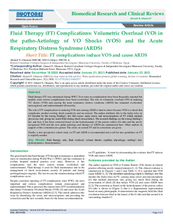 (PDF) Fluid Therapy (FT) Complications: Volumetric Overload (VO) in the ...