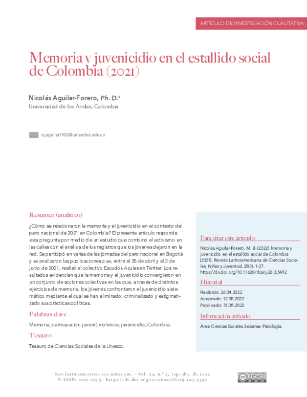 (PDF) Memoria y juvenicidio en el estallido social de Colombia (2021 ...