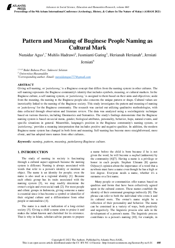 (PDF) Pattern and Meaning of Buginese People Naming as Cultural Mark