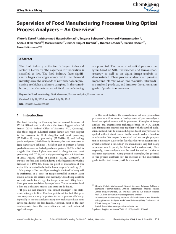 (PDF) Supervision of Food Manufacturing Processes Using Optical Process ...